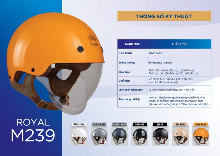 Mũ Bảo Hiểm Nửa Đầu Kính Ẩn ROYAL M239